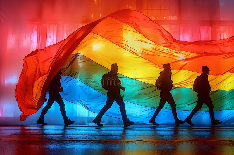 Pride March Silhouette, Holding a Vibrant Rainbow Flag Ripples in the ...