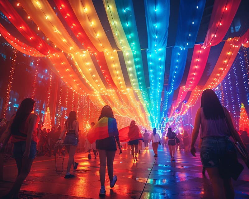 A Pride Parade at Night with Colorful Lights Wide Shot Stock Photo ...