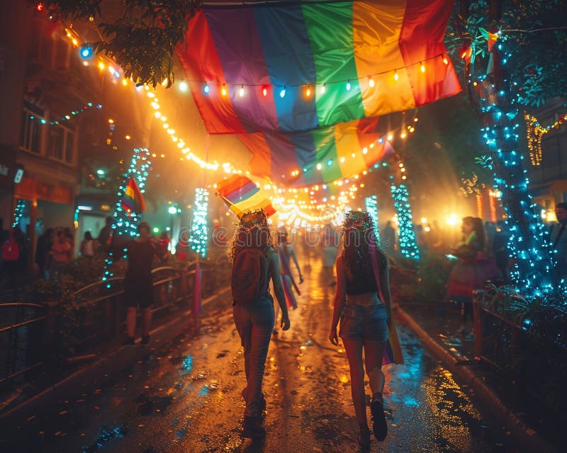 A Pride Parade at Night with Colorful Lights Wide Shot Stock Photo ...