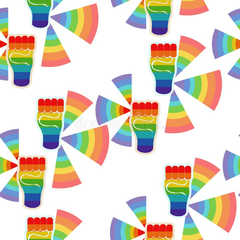 Pride Seamless Pattern, Rainbow Hand and Rays on White Background Stock ...