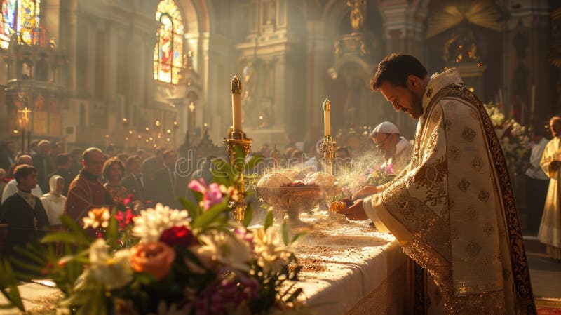Priest Blessing Bread and Wine on Altar Decorated for Saint Joseph S ...