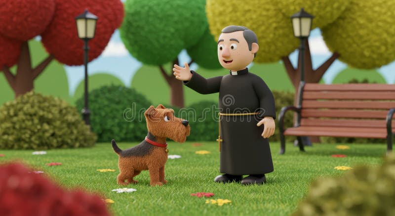 Priest and Dog in Park a Friendly Priest Greets a Small Terrier in a ...