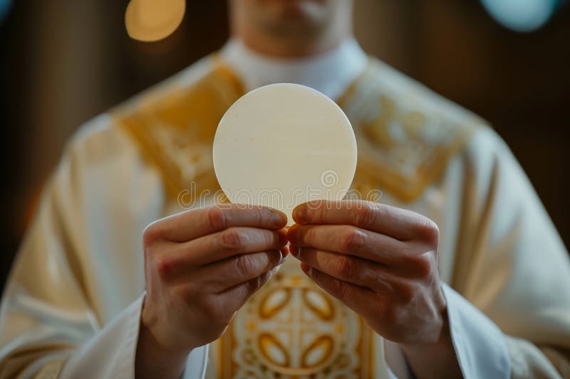The Priest Holds in Front of Him in His Hands the Wafer, the Eucharist ...