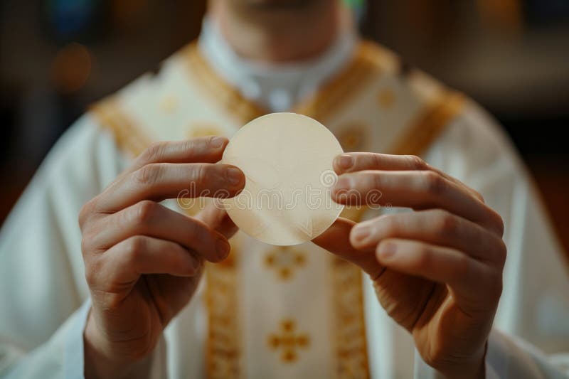 A Priest Holds Up a Circular Wafer Directly Above Two Hands. Stock ...