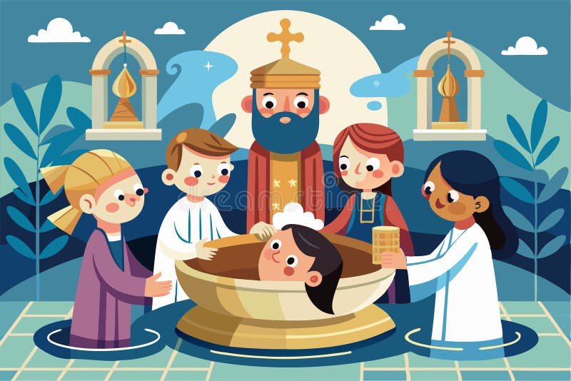 A Priest Performs a Baptism Ceremony with Children Participating in a Calm Outdoor Environment ...