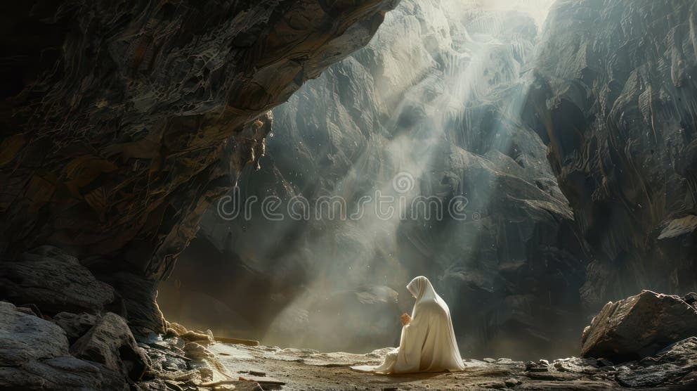 Priest Praying in a Cave and Light Rays Falling Inside Created with ...