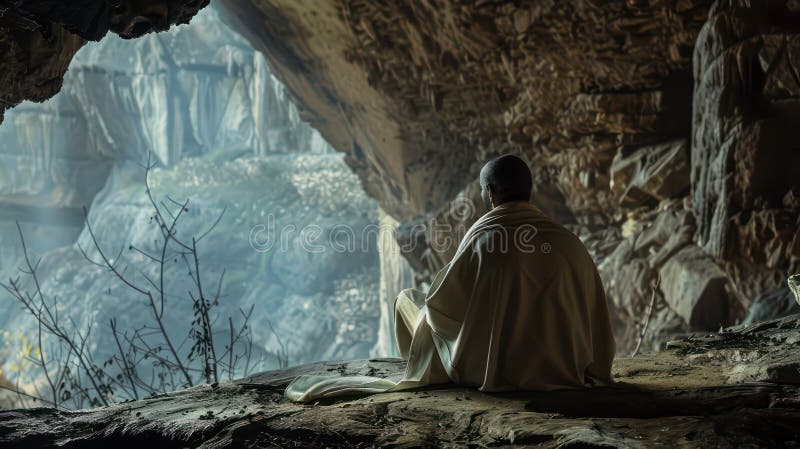 Priest Praying in a Cave and Light Rays Falling Inside Created with ...