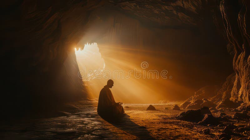 Priest Praying in a Cave and Light Rays Falling Inside Created with ...