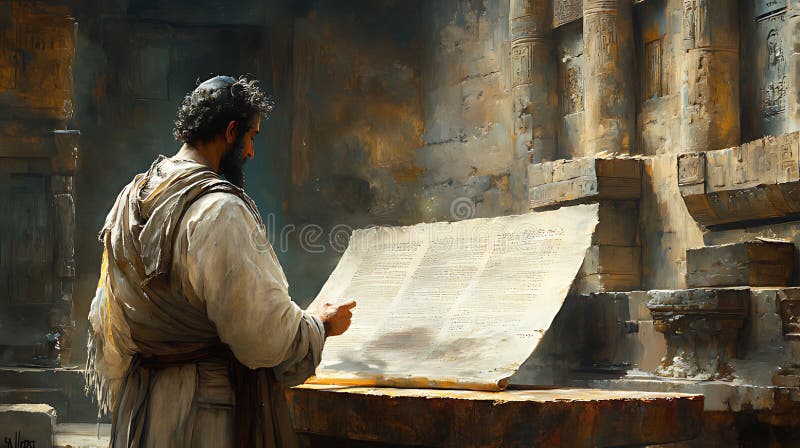 Priest Reading Ancient Scrolls in Temple Ruins Stock Illustration ...