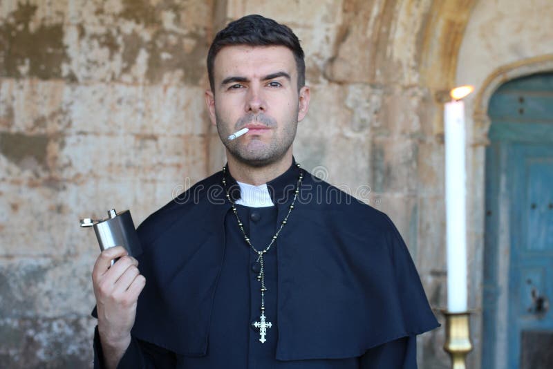 Priest Smoking and Drinking Alcohol Stock Image - Image of bottle ...