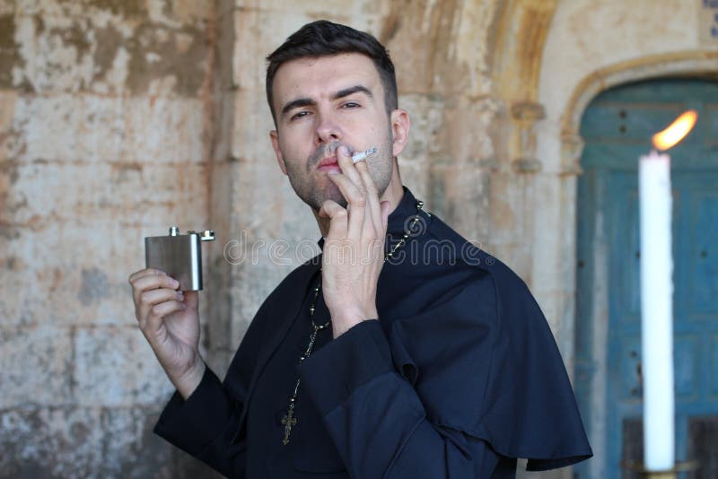 Priest Smoking and Drinking Alcohol Stock Photo - Image of christianity ...