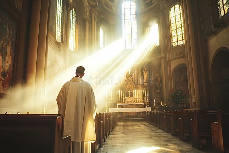 Priest Standing in Church with Sunlight Shining through Windows Stock ...