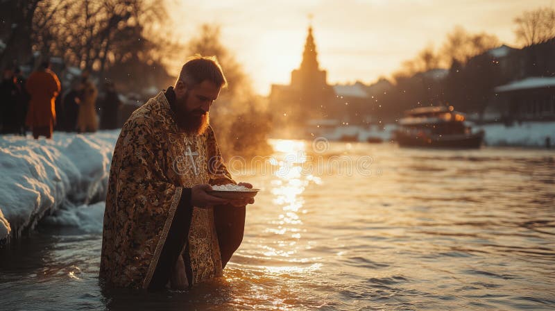 A Priest Stands in the River, Holding a Basin, As he Conducts a Baptism ...