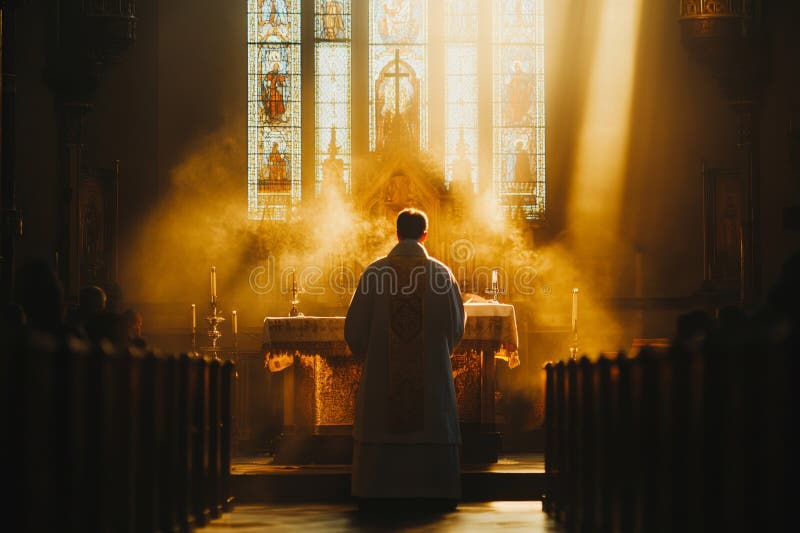 A Priest Stands in Serene Contemplation before an Altar. Soft Rays of ...