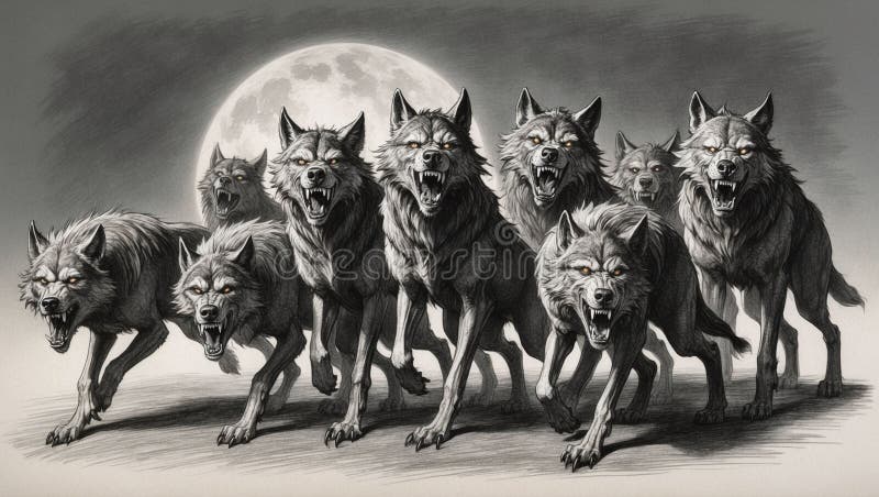 Primal Howl: Interpretative Pencil Rendering of Snarling Werewolf Pack ...