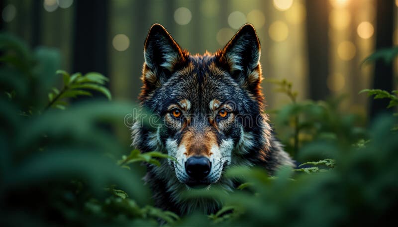 A Primal Wolf Stares from Behind Green Leaves in a Misty Dawn Forest ...