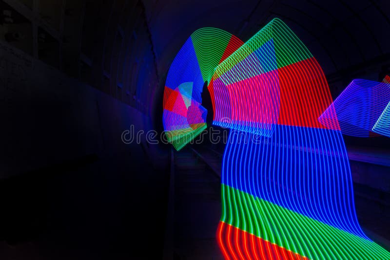 Primary Colored LED Lights Lighting Up a Dark Tunnel Stock Photo ...