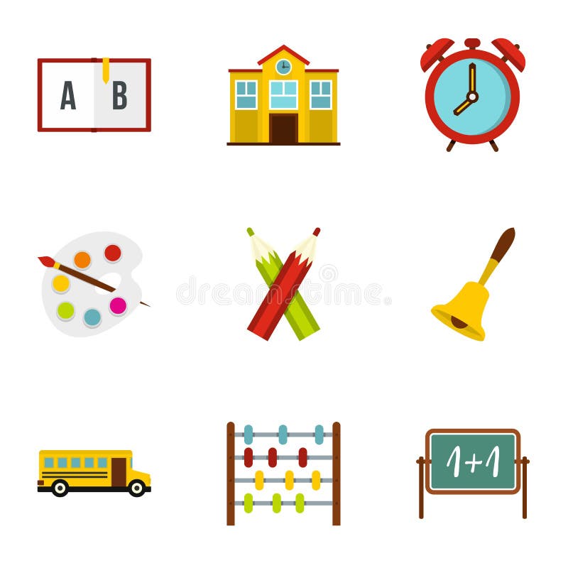 Primary School Icons Set, Flat Style Stock Vector - Illustration of ...