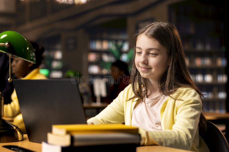 Primary School Student Sitting at Desk in Campus Library and Writing on ...