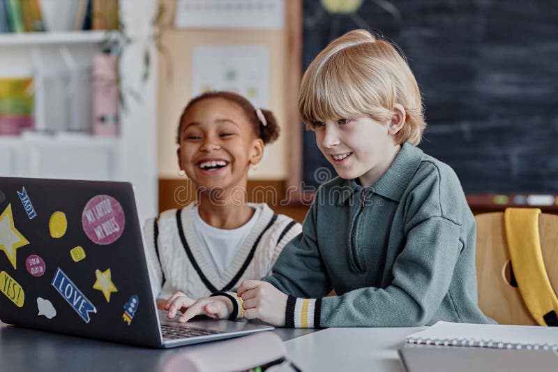 Primary School Students Interacting with Education Technology Stock ...