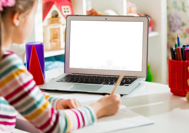 Primary School Studying with Laptop. Online Education and E-learning ...