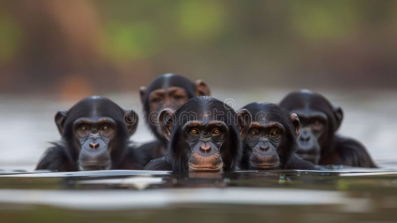 A Primate Gathering, Chimpanzee Faces Emerging from the Water S Surface ...