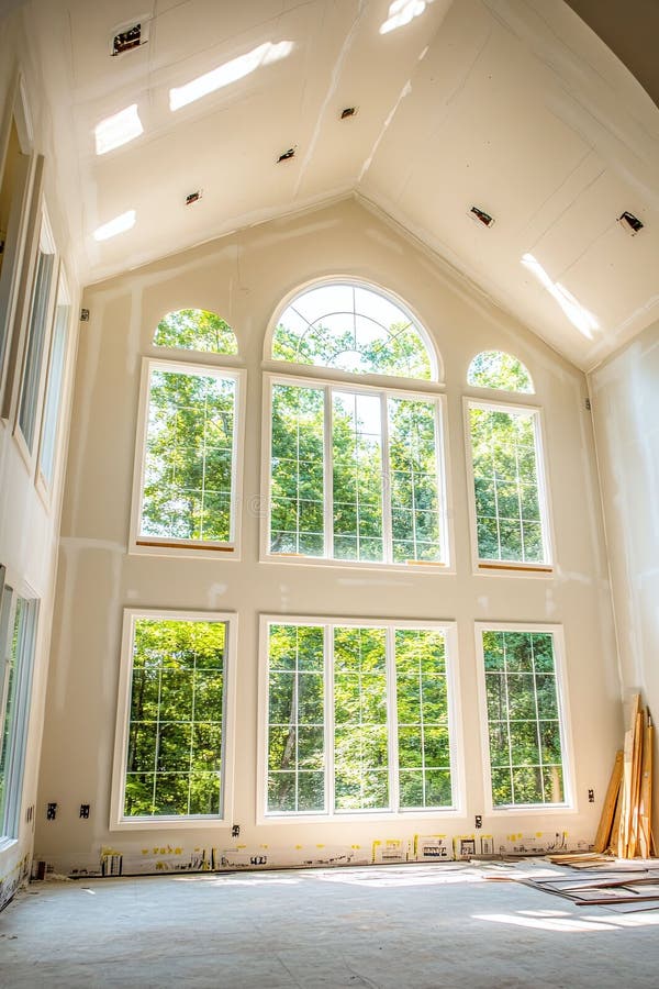 Primed Walls in a Luxury Home Under Construction Highlighting High ...