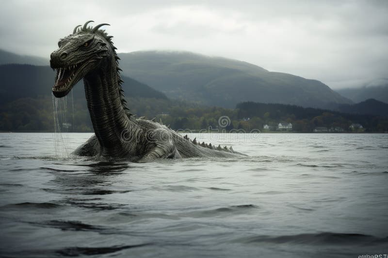 A Primeval Monster Looks Out of a Lake Stock Illustration ...