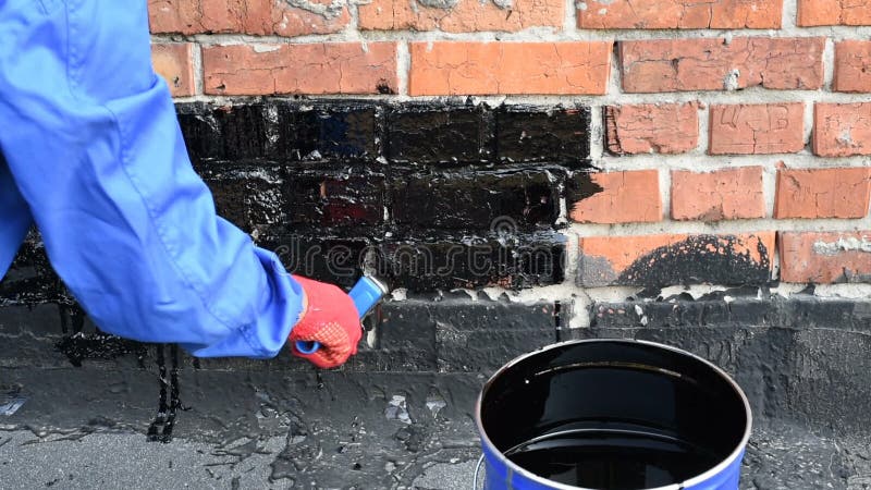 Primer a Brick Wall with a Primer. Ceiling Brushes Brushes and a Bucket ...