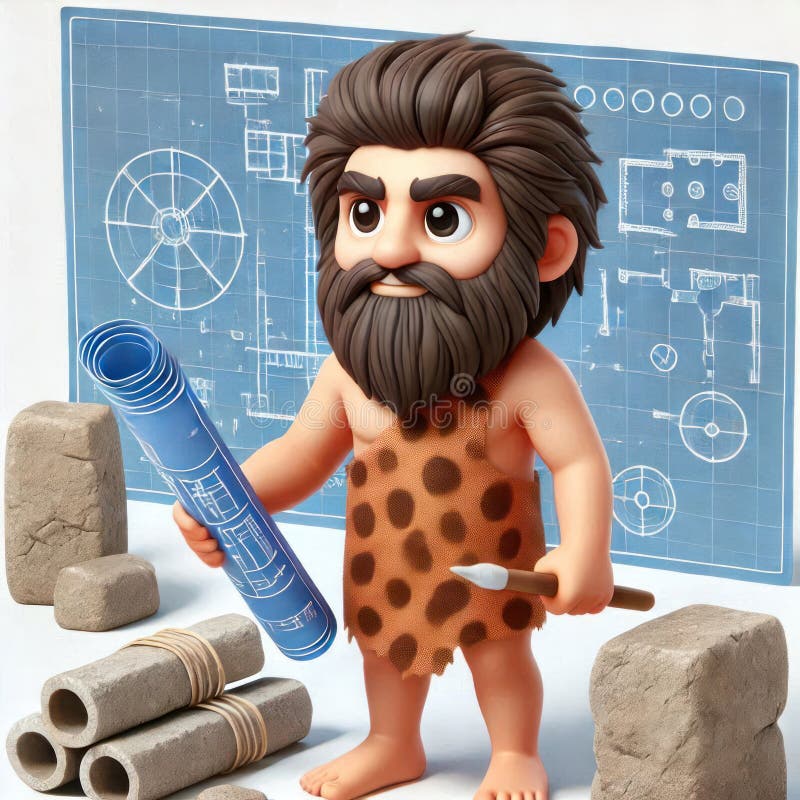 A Primitive Builder with Blueprints on a Plan Background. Stock Image ...