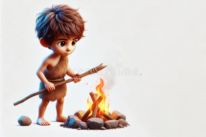 A Primitive Child at the Fire with a Spear. Space for Text. Stock Photo ...