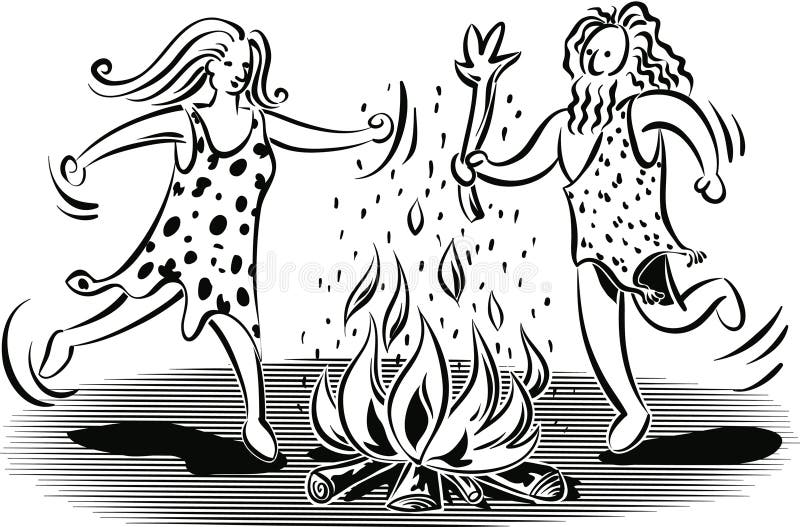 Primitive Couple Dancing Around the Fire. Stock Illustration ...