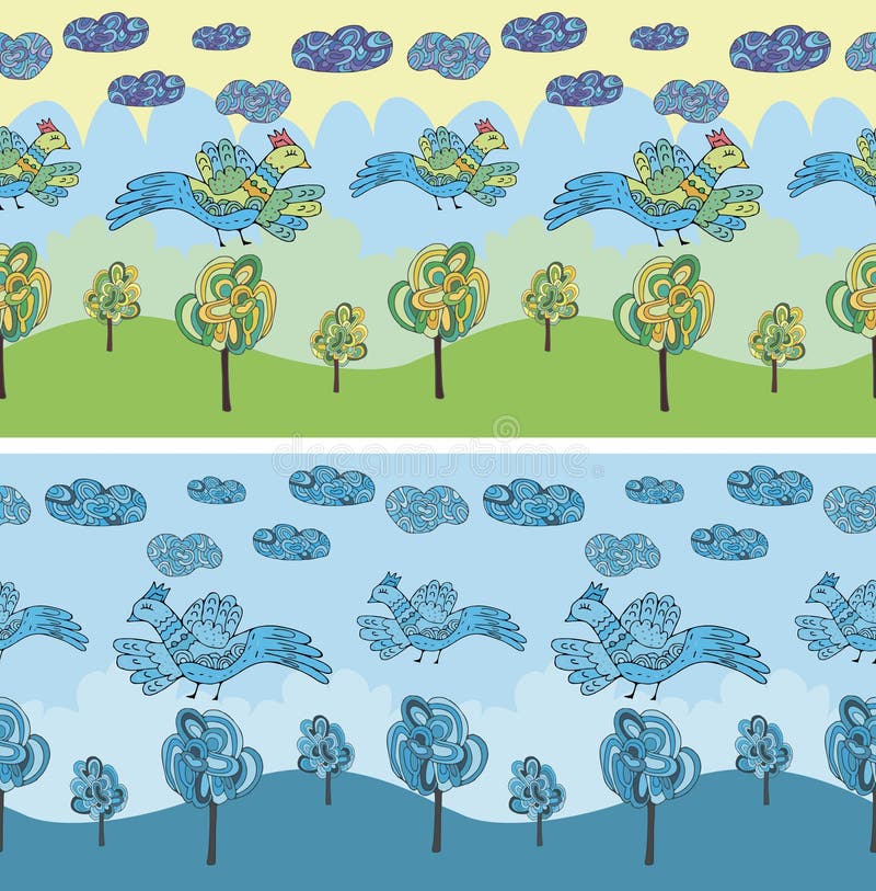 Primitive Drawing Birds. Cartoon Seamless Pattern with Birds Stock ...