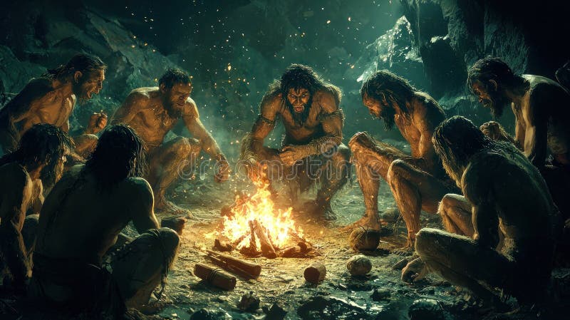 Group of Cavemen Huddled Around a Fire in a Cave Telling Stories and ...
