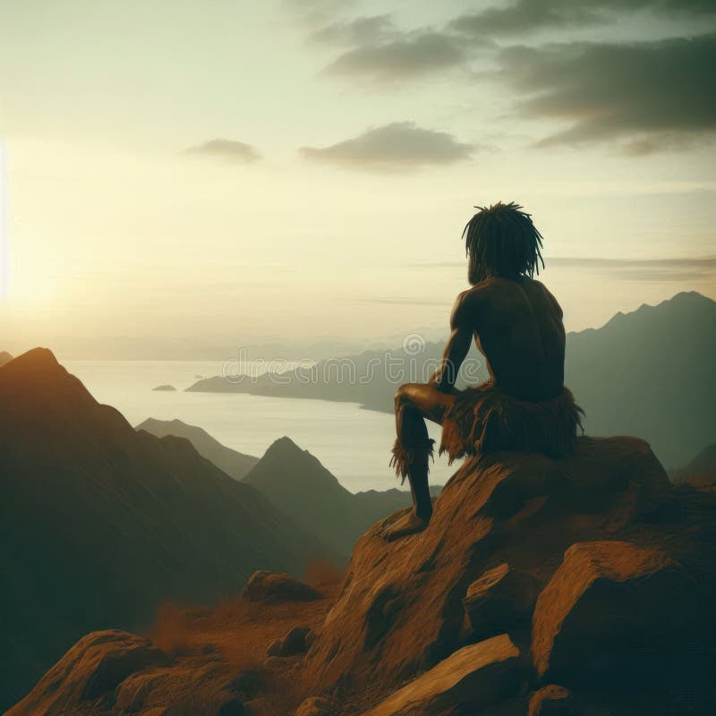 Primitive Man Looking into the Distance from the Top of a Mountain ...