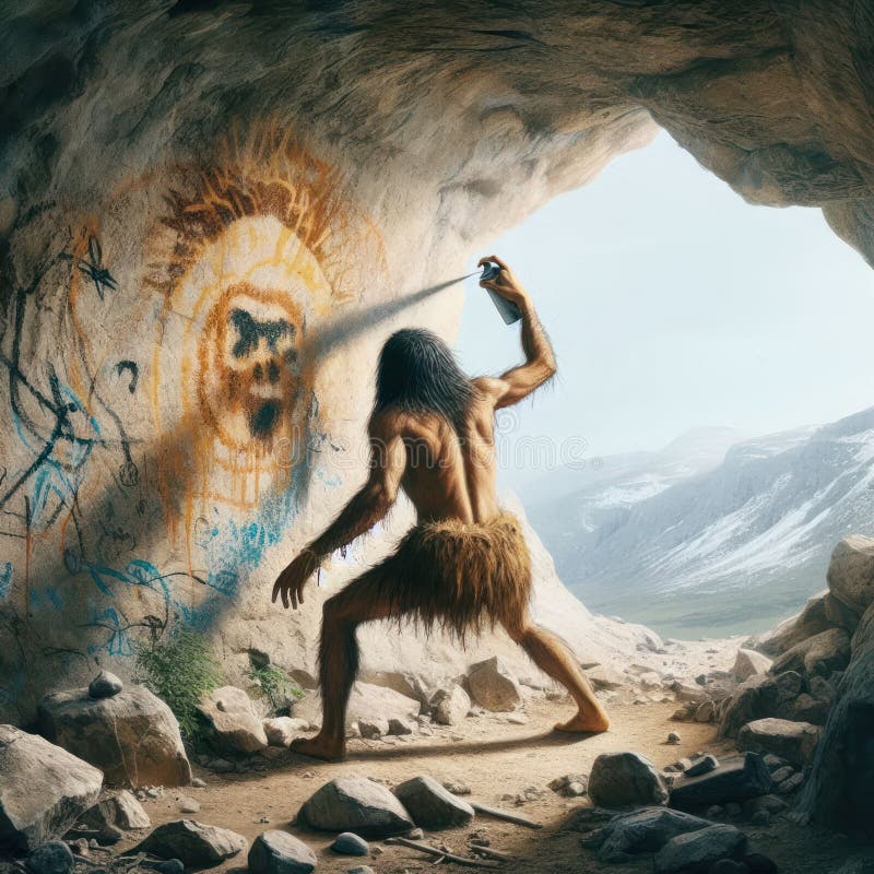 Primitive Man Painting Graffiti in a Cave. Stock Image - Image of ...