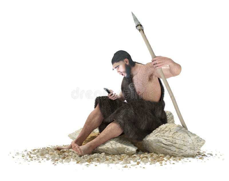 Primitive Man with Smartphone on Isolate White Concept Stock ...