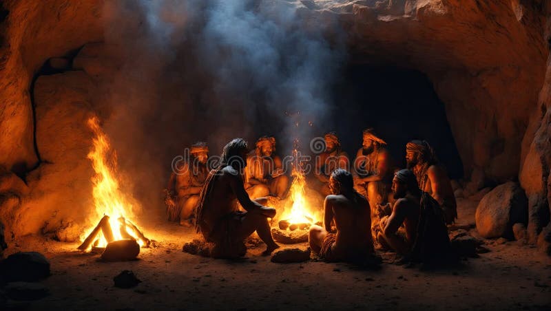 Primitive People Gathered Around a Fire in a Cave Stock Illustration ...