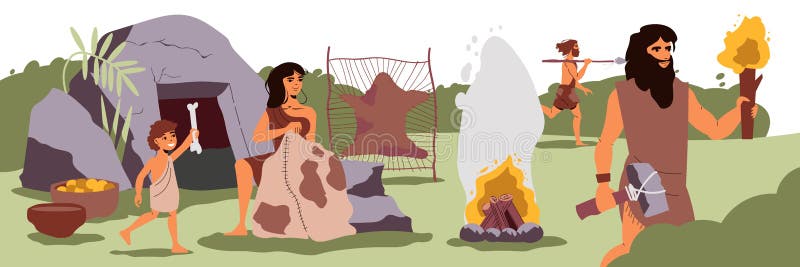 Primitive People Horizontal Illustration Stock Vector - Illustration of ...