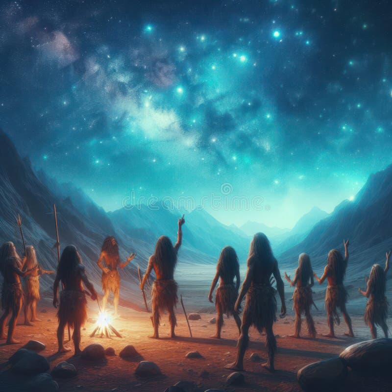 Primitive People Looking at the Sky. Stock Illustration - Illustration ...