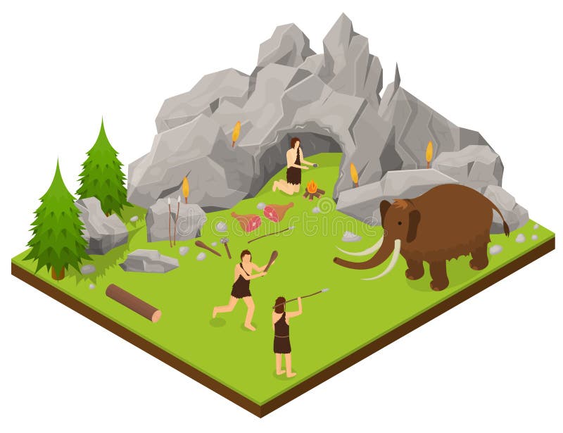 Primitive People Scene Concept 3d Isometric View. Vector Stock Vector ...