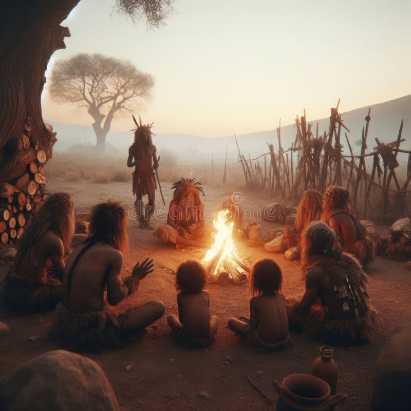 Primitive People Sitting Around the Fire. Stock Illustration ...