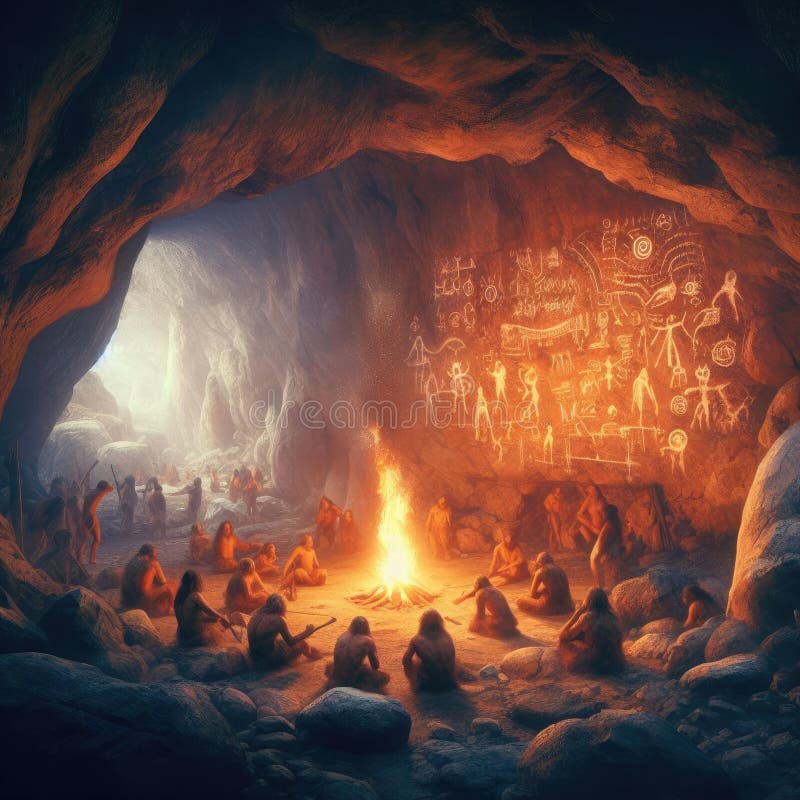 Primitive People Sitting Around a Fire in a Large Cave Stock ...