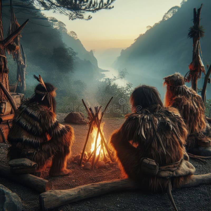 Primitive People Sitting Around the Fire. Stock Illustration ...
