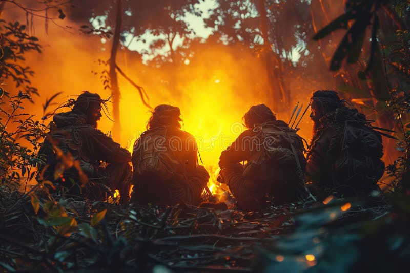 Primitive People of the Stone Age in a Forest Fire at Night. Ecological ...