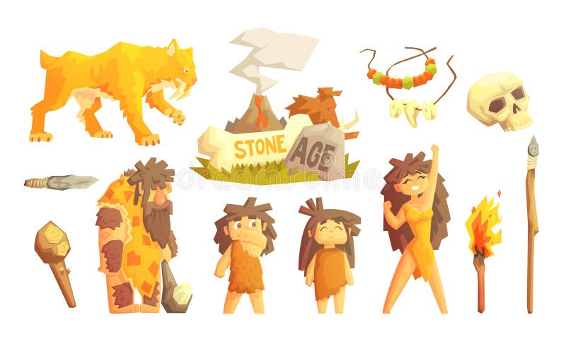 Primitive People and Stone Age Symbols Set, Prehistoric Family, Mammoth ... Primitive People and Stone Age Symbols Set, Prehistoric Family, Mammoth ...