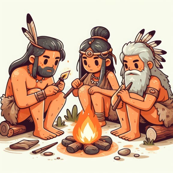 Primitive People Warming Themselves by the Fire. Stock Illustration ...