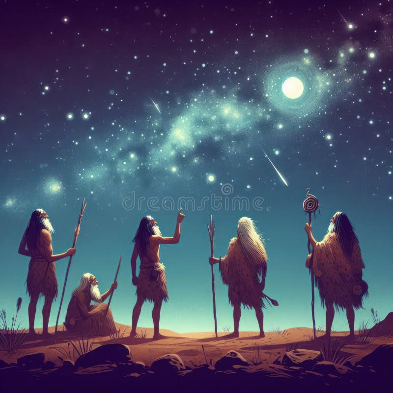 Primitive People Watching the Night Sky. Stock Illustration ...