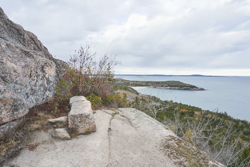 Primitive Rock Bench in Acadia Stock Image - Image of stone, water ...