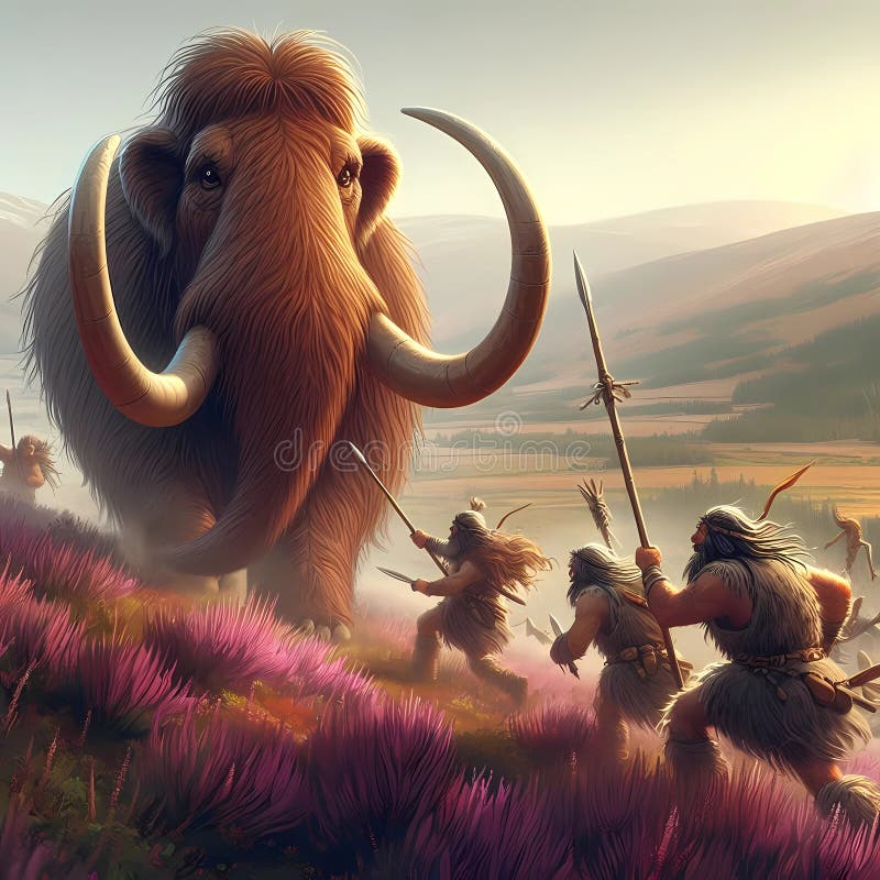 Stone Age Tribe Hunting Mammoth Stock Illustration - Illustration of ...
